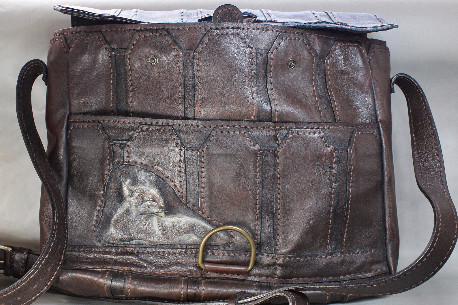 Lynx Embossed Leather Messenger Bag. Handmade for Man Bag. Brown ...