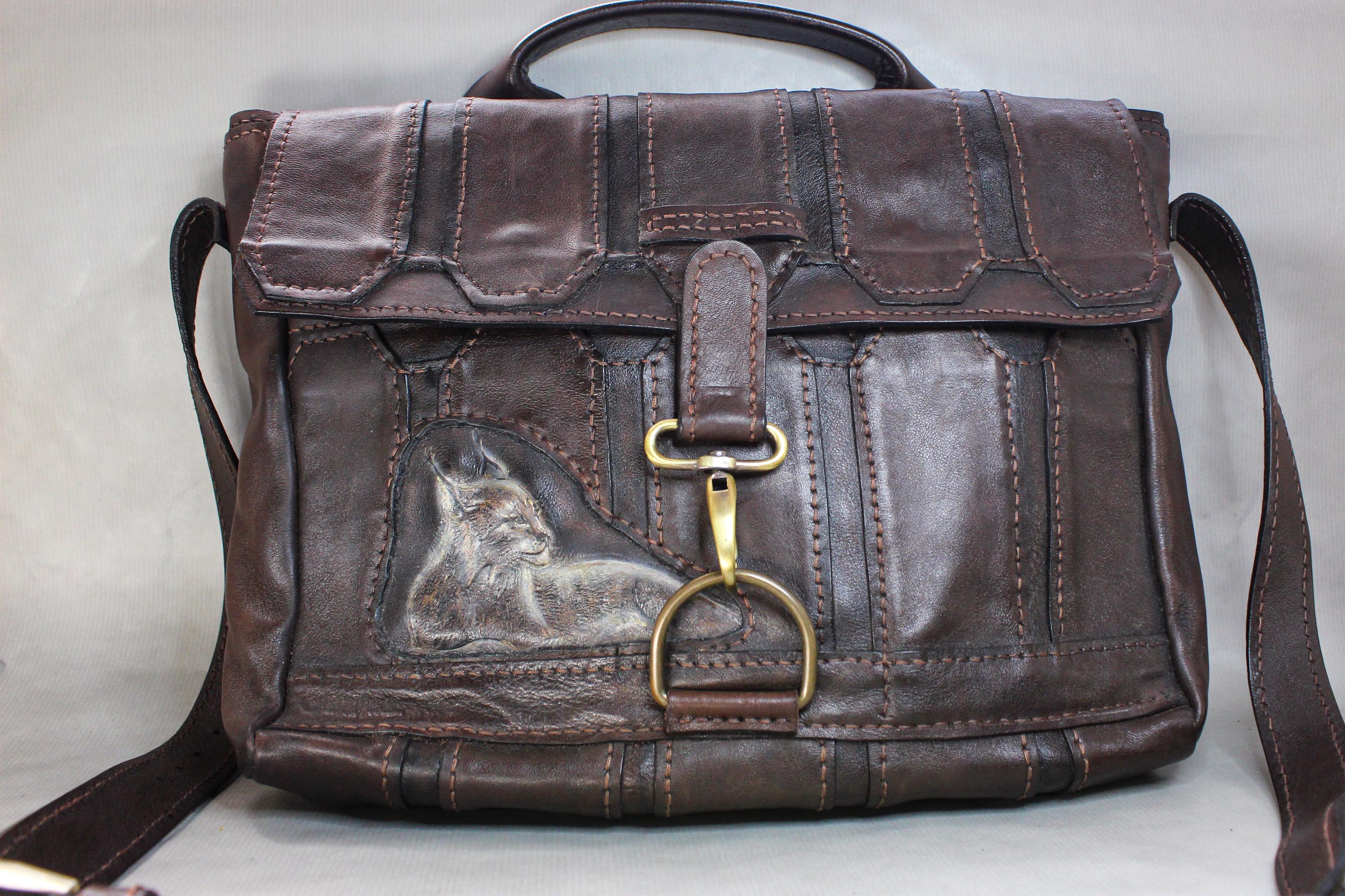 Lynx Embossed Leather Messenger Bag. Handmade for Man Bag. Brown ...