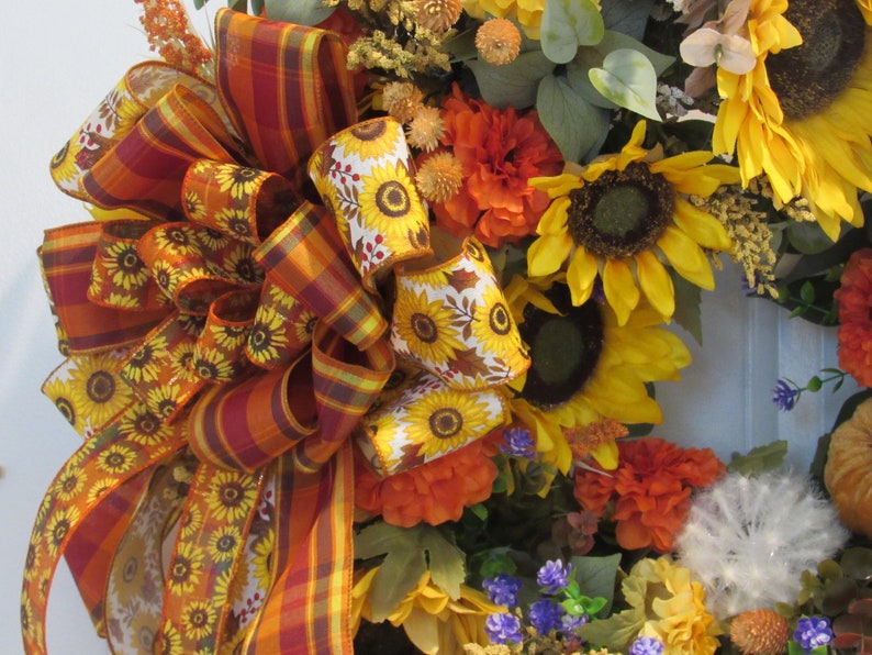 Sunflower Mum Fall Wreath: Premium Ribbon Bow, Autumn Door Decor - Etsy