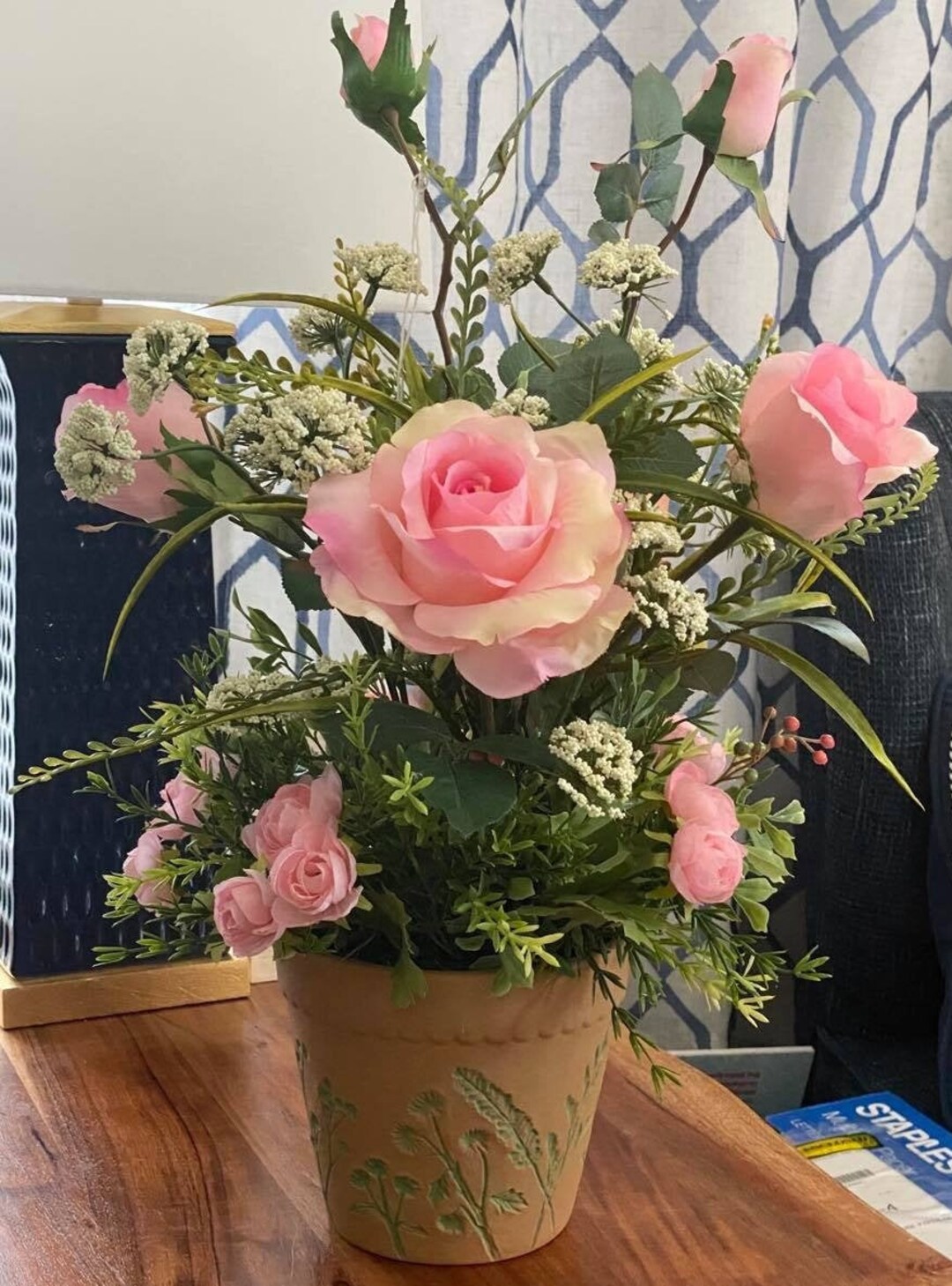 Pink Love Rose With Baby's Breath Arrangement in Designer Clay Pot - Etsy