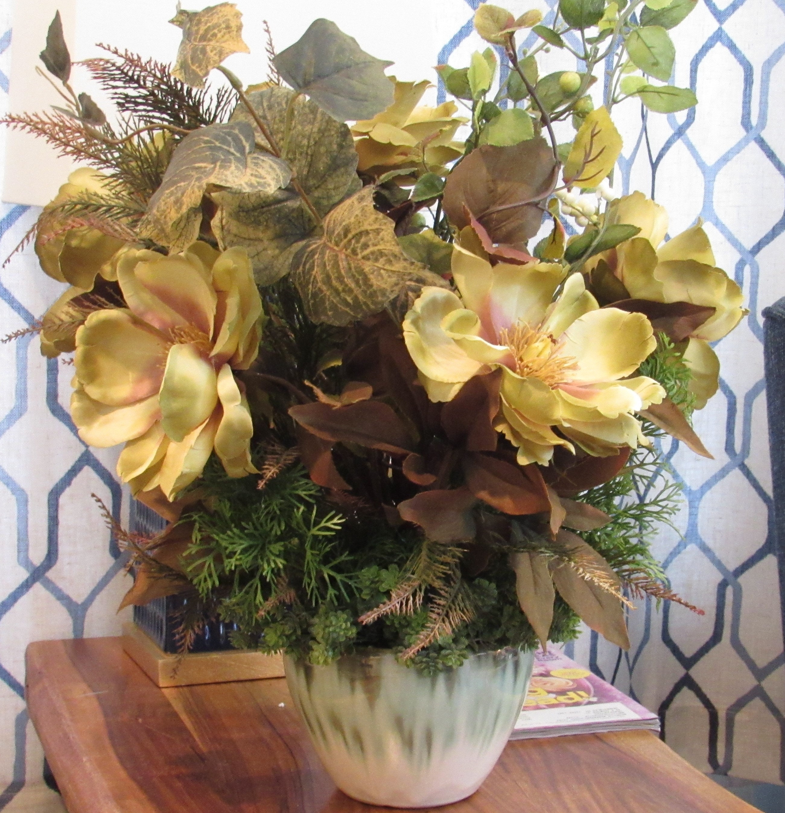 Designer Large Magnolia in Greenery Silk Floral Decorative Piece in ...