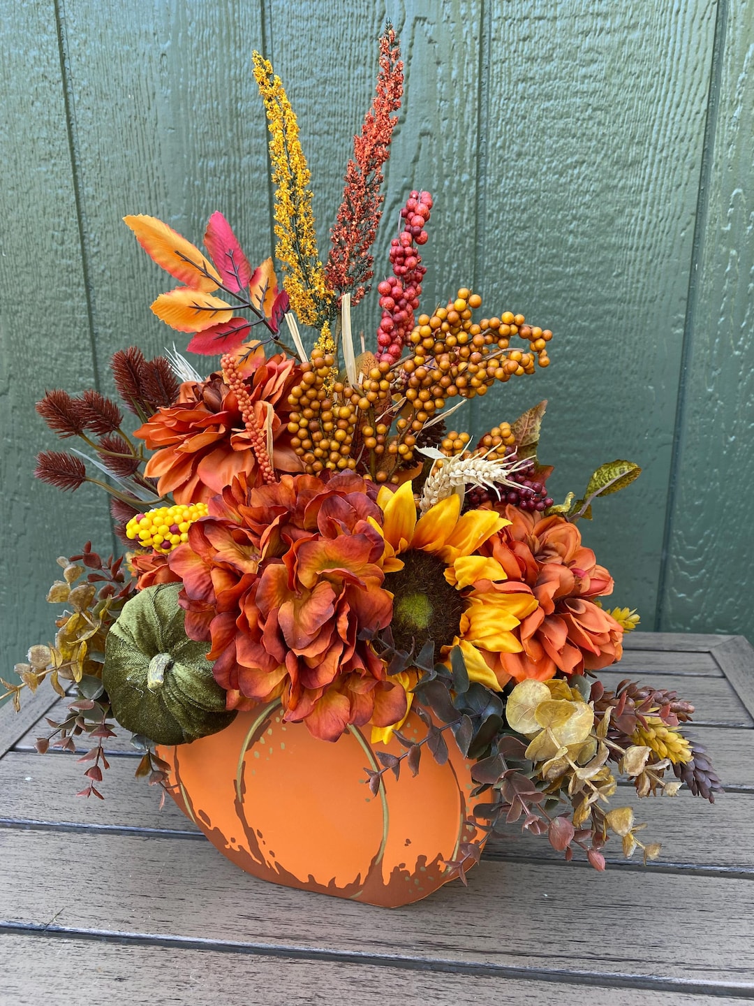 Fall Foliage Arrangement: Faux Sunflower, Gourd, and Metal Pumpkin ...