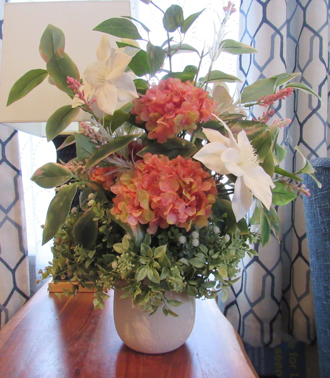 Clematis and Pink Hydrangea in Elegant Ceramic Container With Ivy and ...