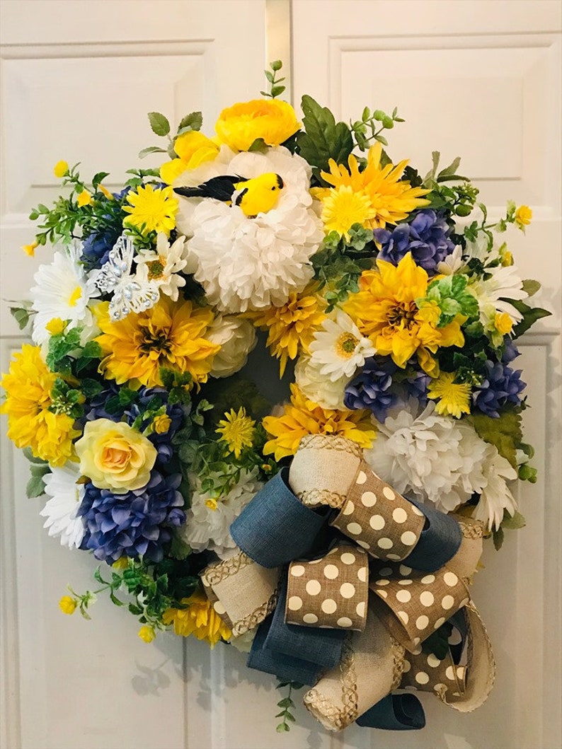 Butterfly Garden Designer Silk Floral Wreath, Goldfinch Wreath With ...