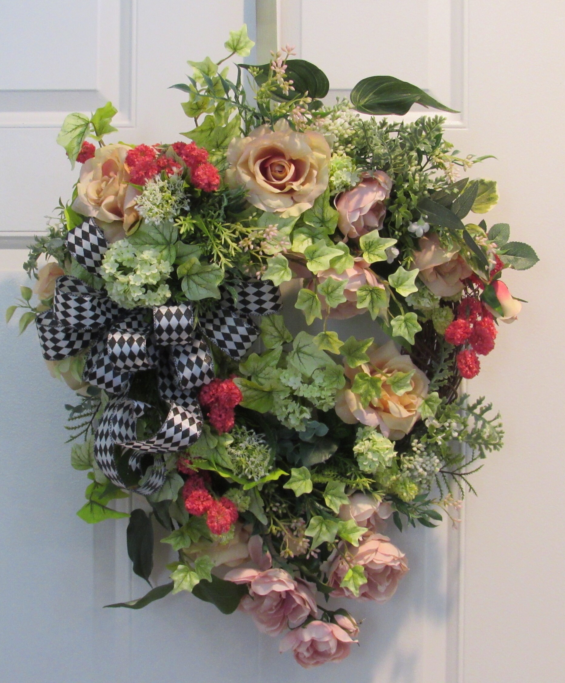 Harlequin Rose Garden with Ivy and Snowball Hydrangeas