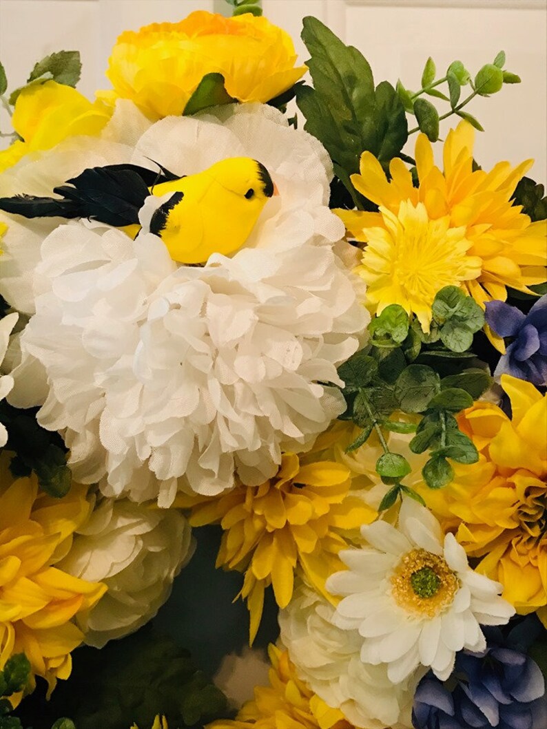 Butterfly Garden Designer Silk Floral Wreath, Goldfinch Wreath With ...