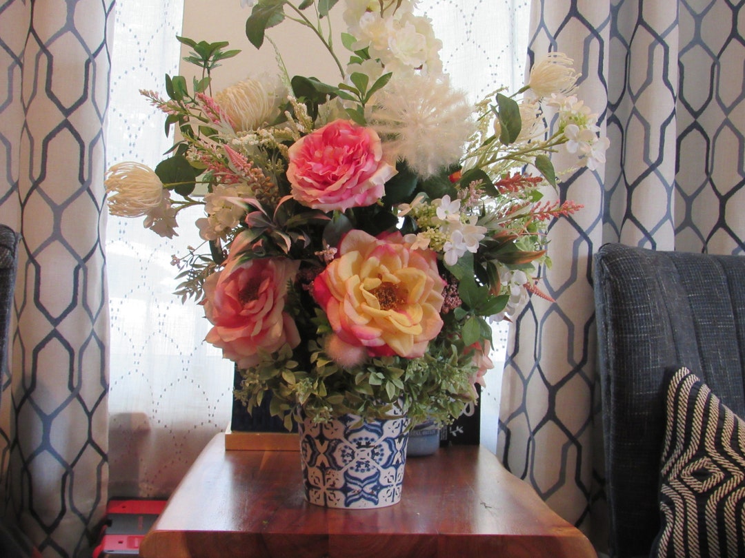 Pink Roses in Delft Ceramic Container With White Wildflowers and ...