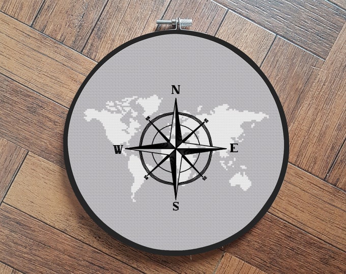 World Map With Compass Cross Stitch Pattern - Etsy