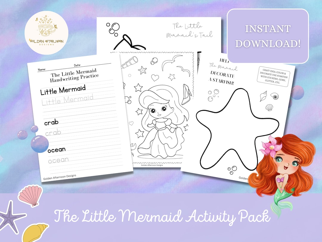 The Little Mermaid Adventure Activity Pack/handwriting & Crafts Under ...