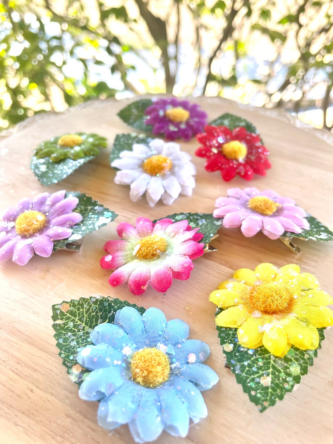 Colorful Daisy Flower Hair Clips Set W/ Glitter Leaf, Flowers for Women ...