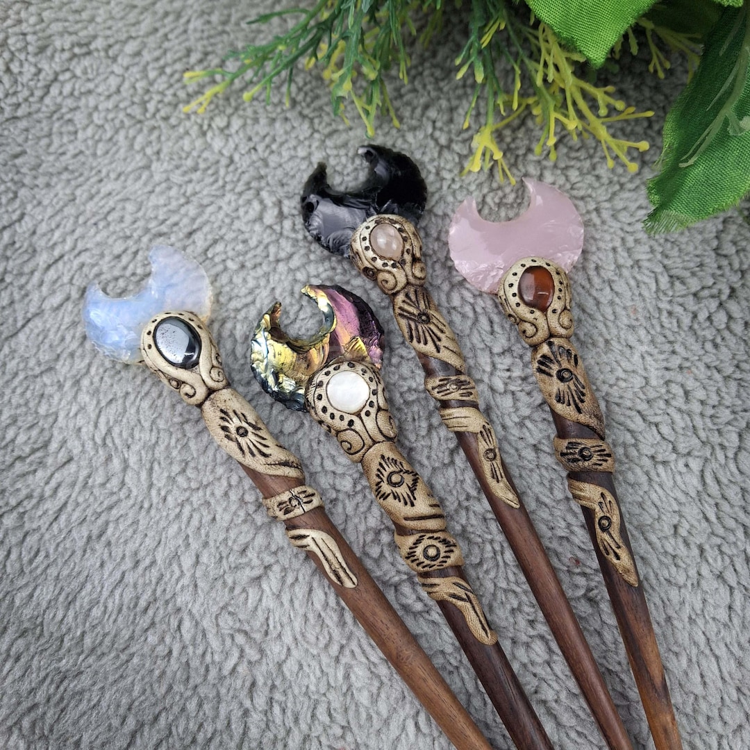 Moon Hair Stick Crescent Moon Shape Hair Stick Crystal Healing Stone Hair Stick Rose Quartz ...