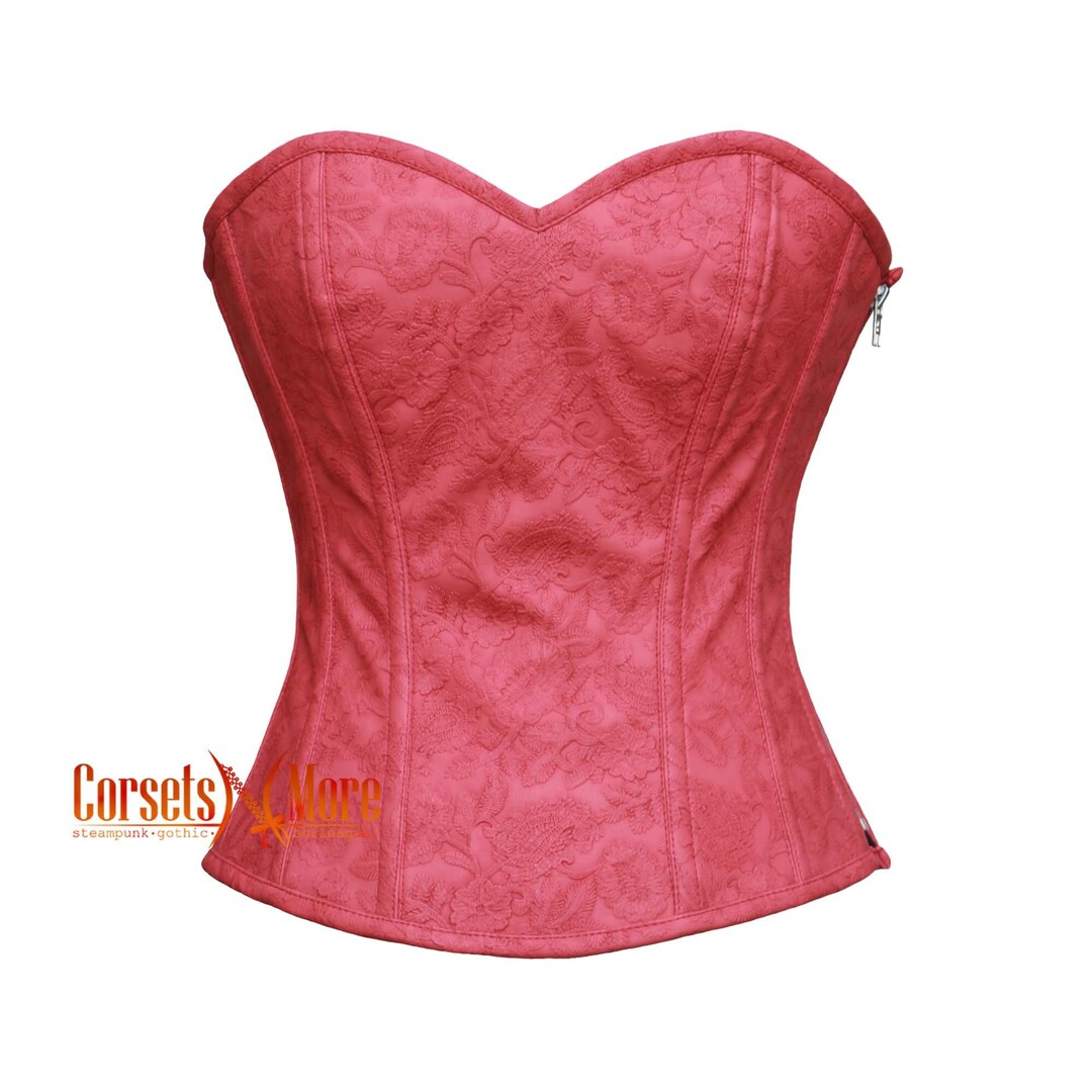 Red Floral Texture Leather Overbust Corset Costume Steel Boned Bustier ...