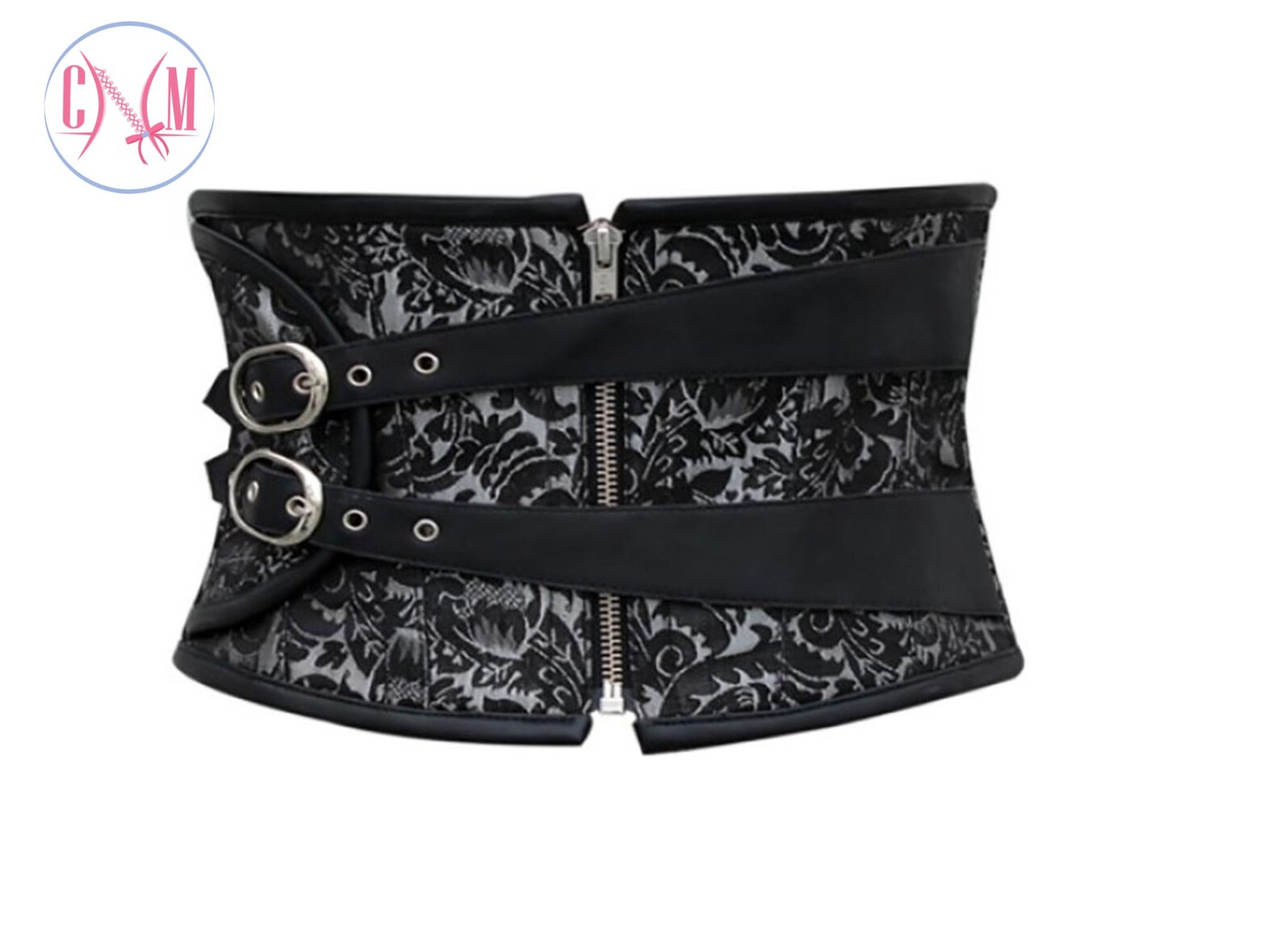 Black and Silver Brocade Leather Zipper Corset Belt Gothic | Etsy