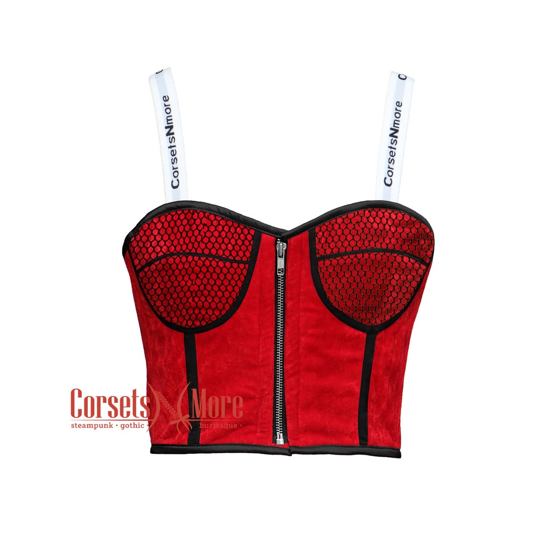 Traje gótico con corsé de terciopelo rojo con malla corta y parte ...