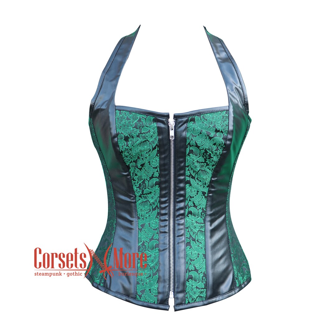 Green and Black Brocade Leather Halter Neck Corset With Straps Overbust ...