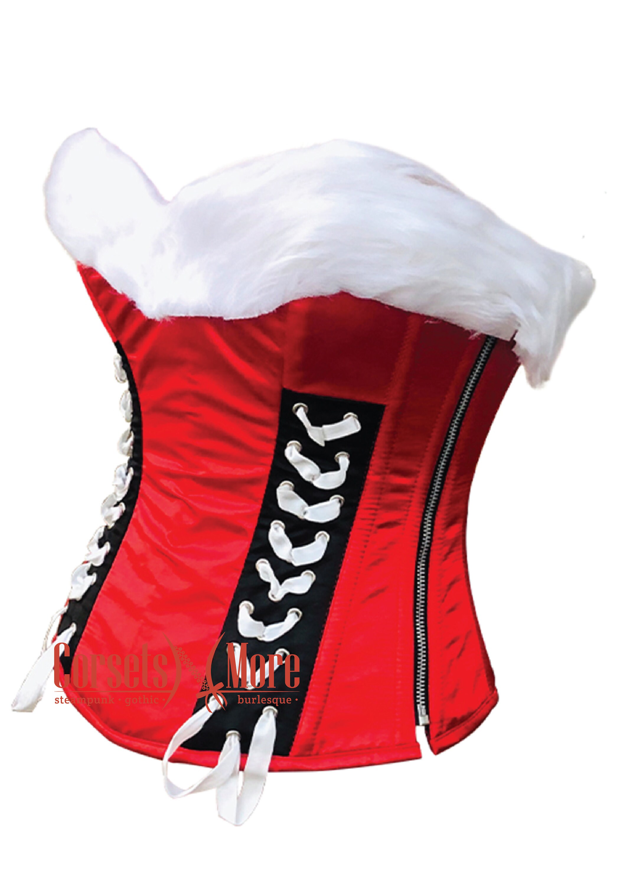 Red Satin White Lace and Fur Costume Burlesque Outfit Overbust Corset ...