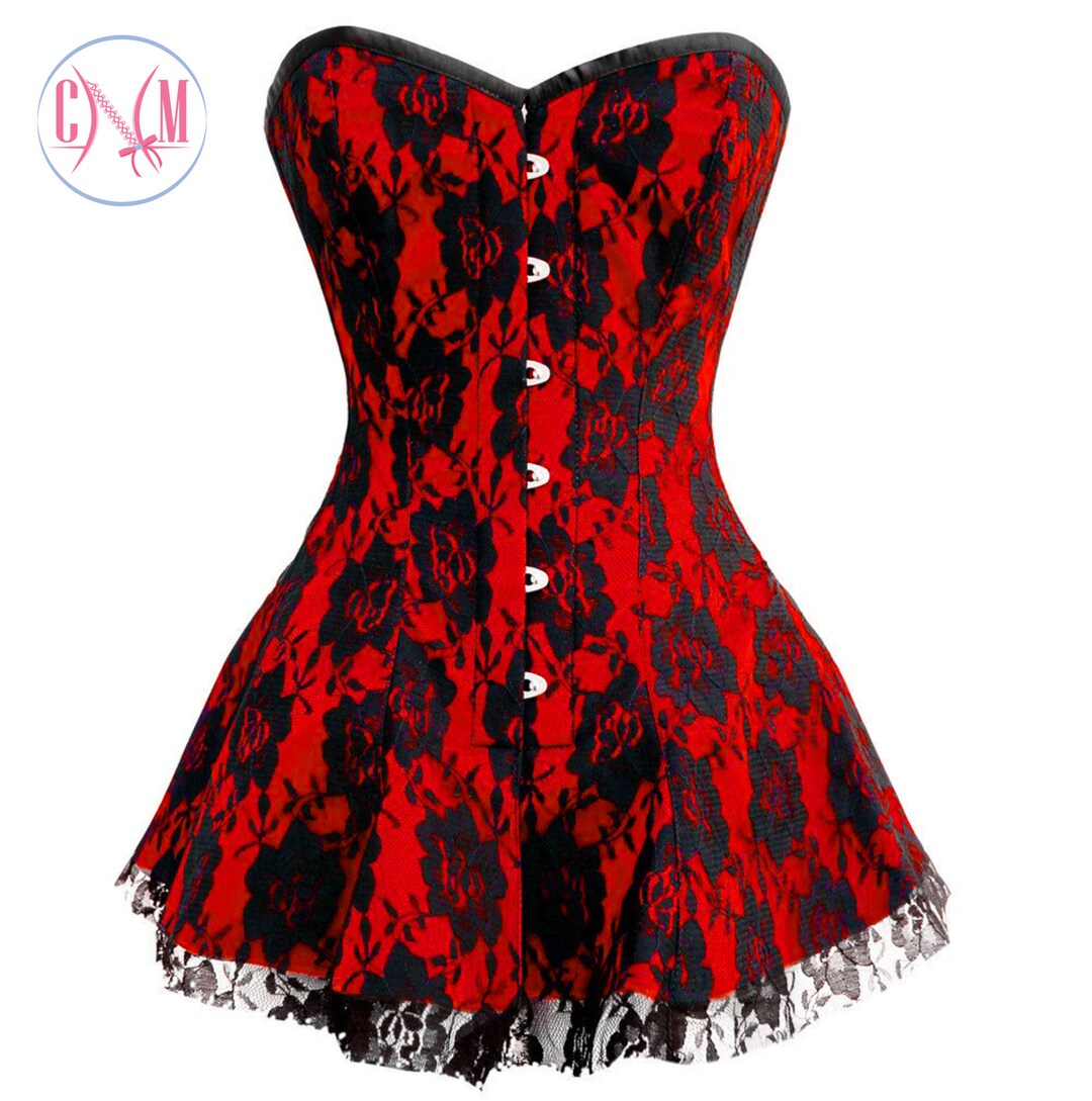 Red Satin Black Net Back Lace Up Burlesque Halloween Costume Overbust
