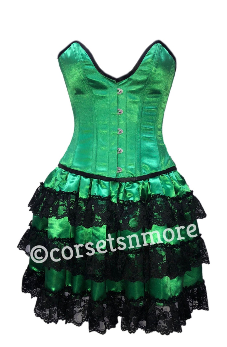Green Satin Deep Bust Corset With Black Frills Skirt Burlesque | Etsy