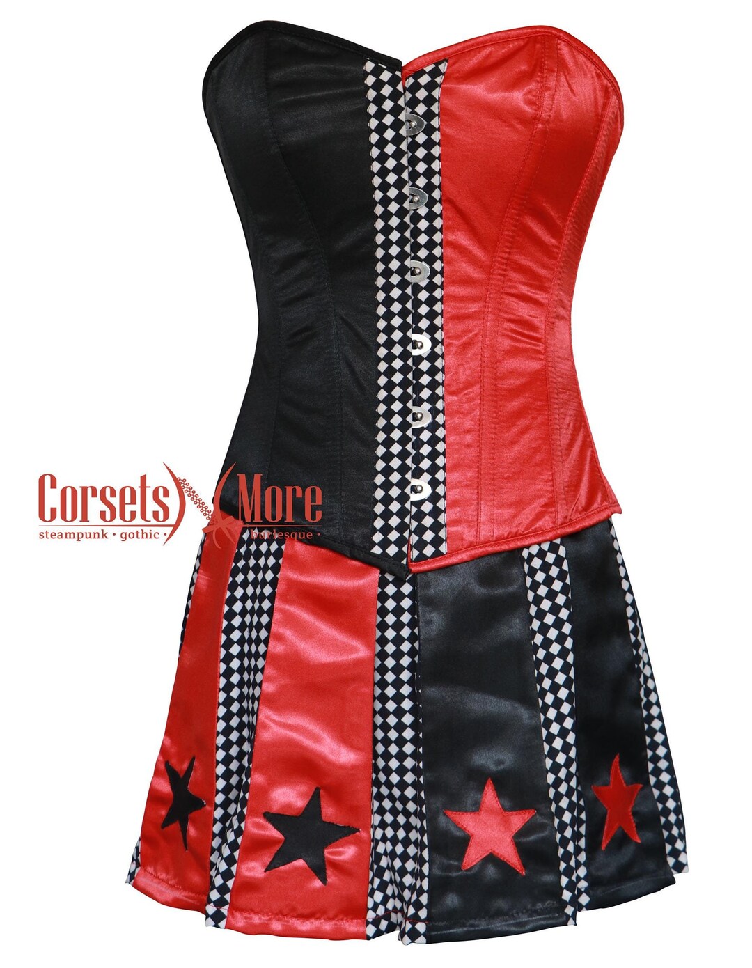 Red and Black Satin Circus Joker Festival Stage Costume Overbust Corset ...