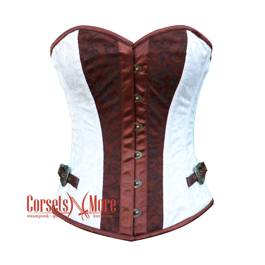 Brown and White Brocade Burlesque Top Costume Overbust Corset for Comic ...
