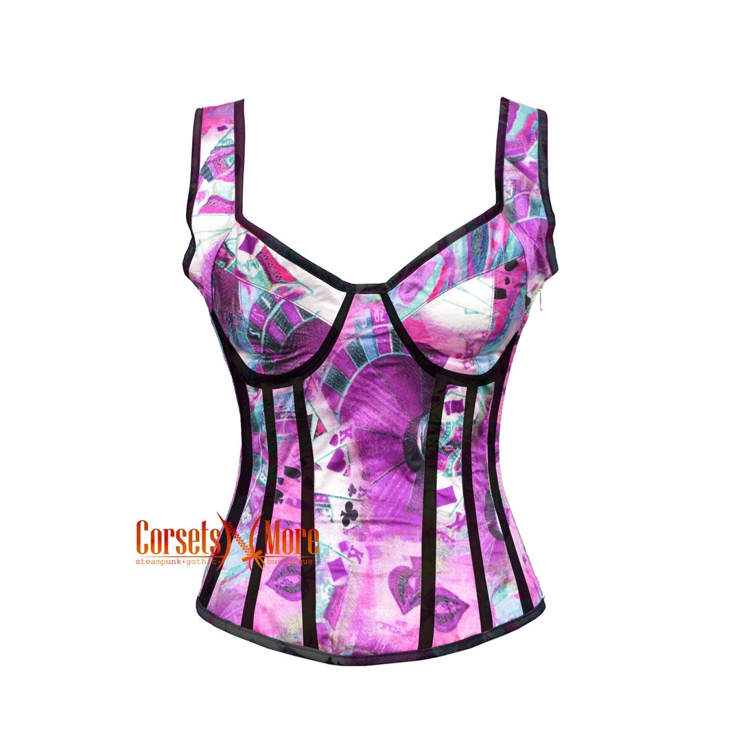 Printed Purple Satin Overbust Corset With Shoulder Straps Basque ...