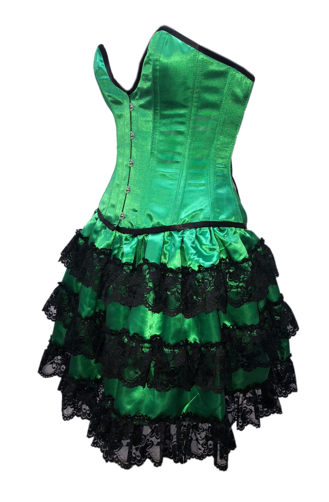 Green Satin Deep Bust Corset With Black Frills Skirt Burlesque | Etsy