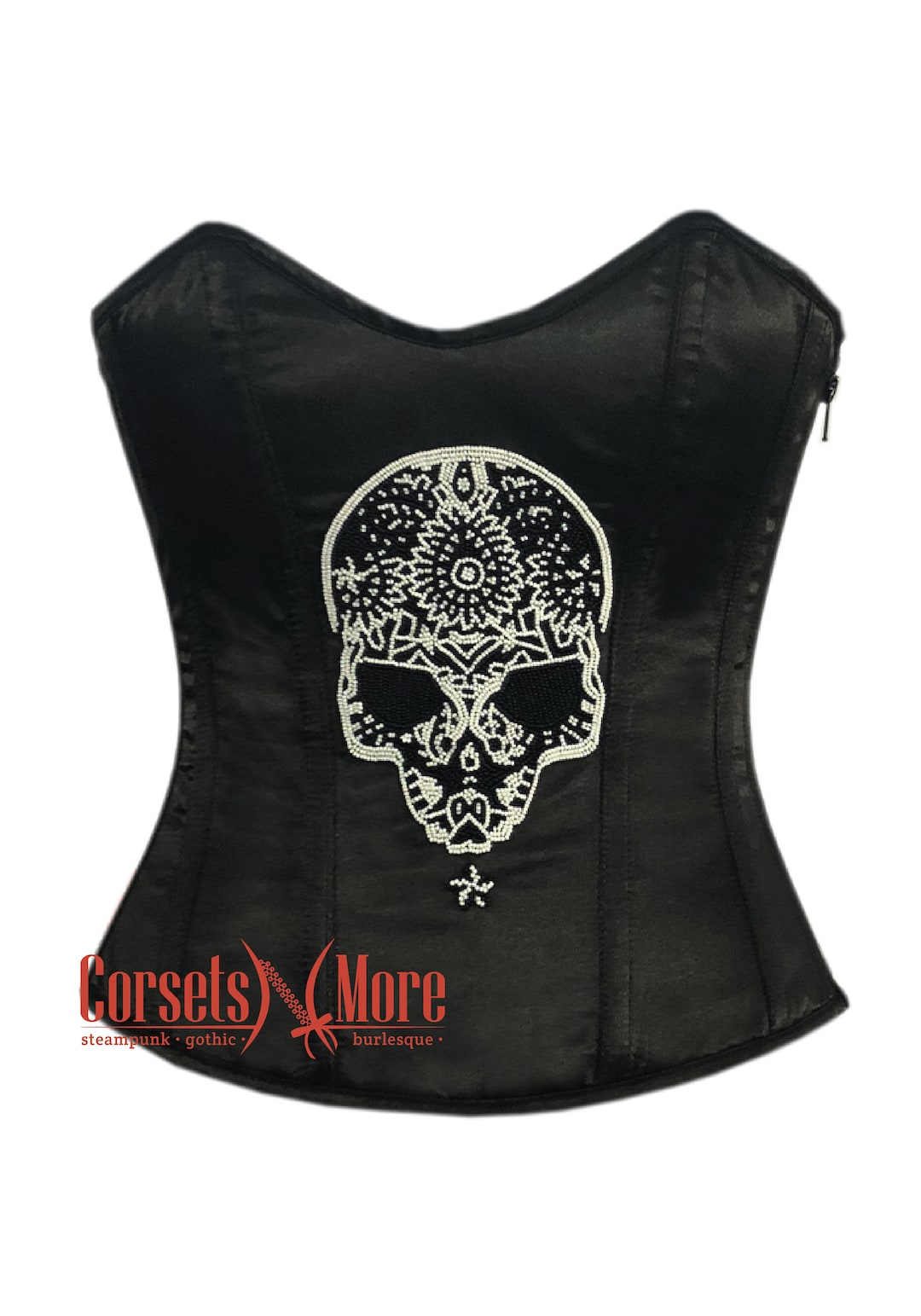 Black Satin Skull Sequins Hand Work Overbust Corset Burlesque Valentine ...