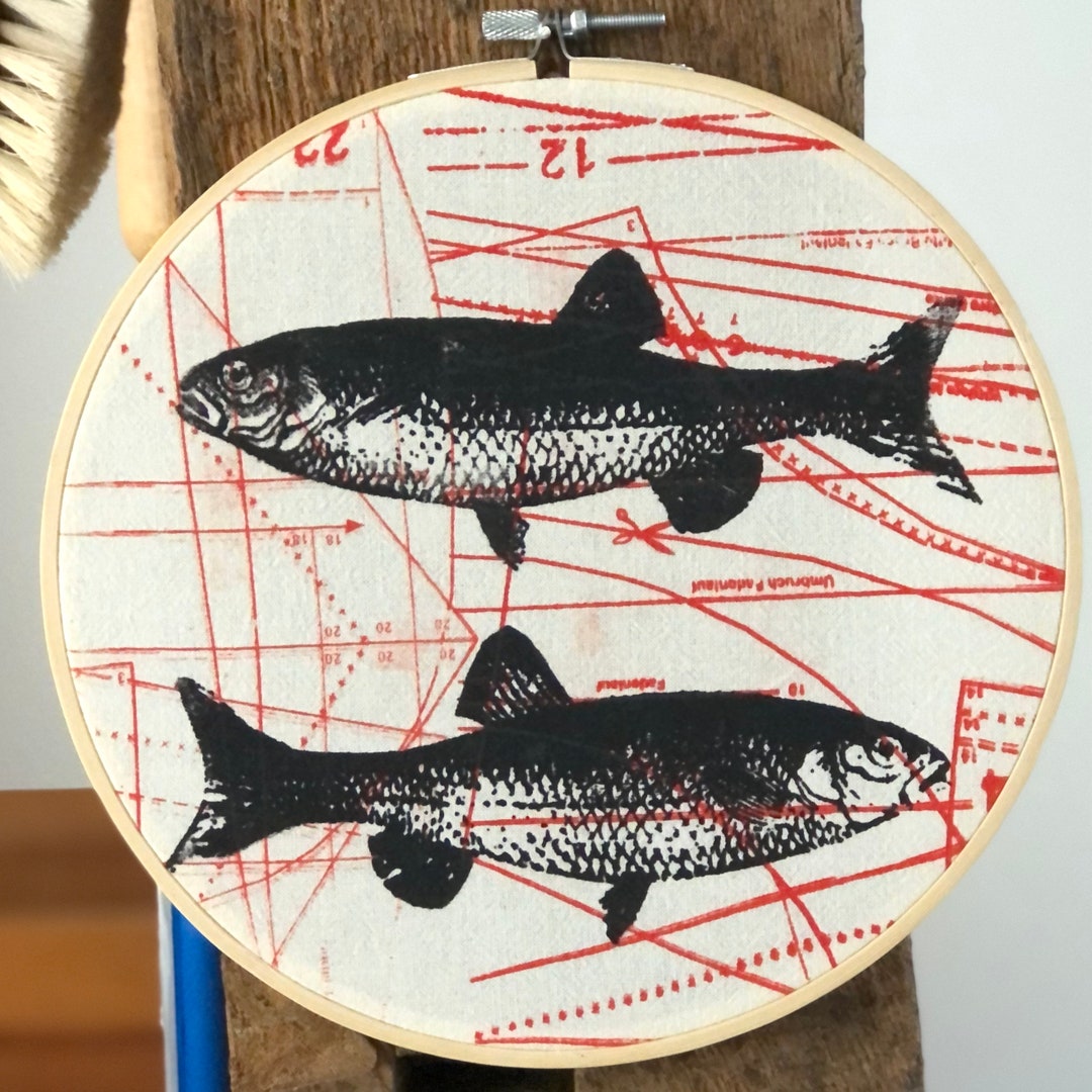 Screen Print "fish on Pattern" in Embroidery Frame - Etsy UK