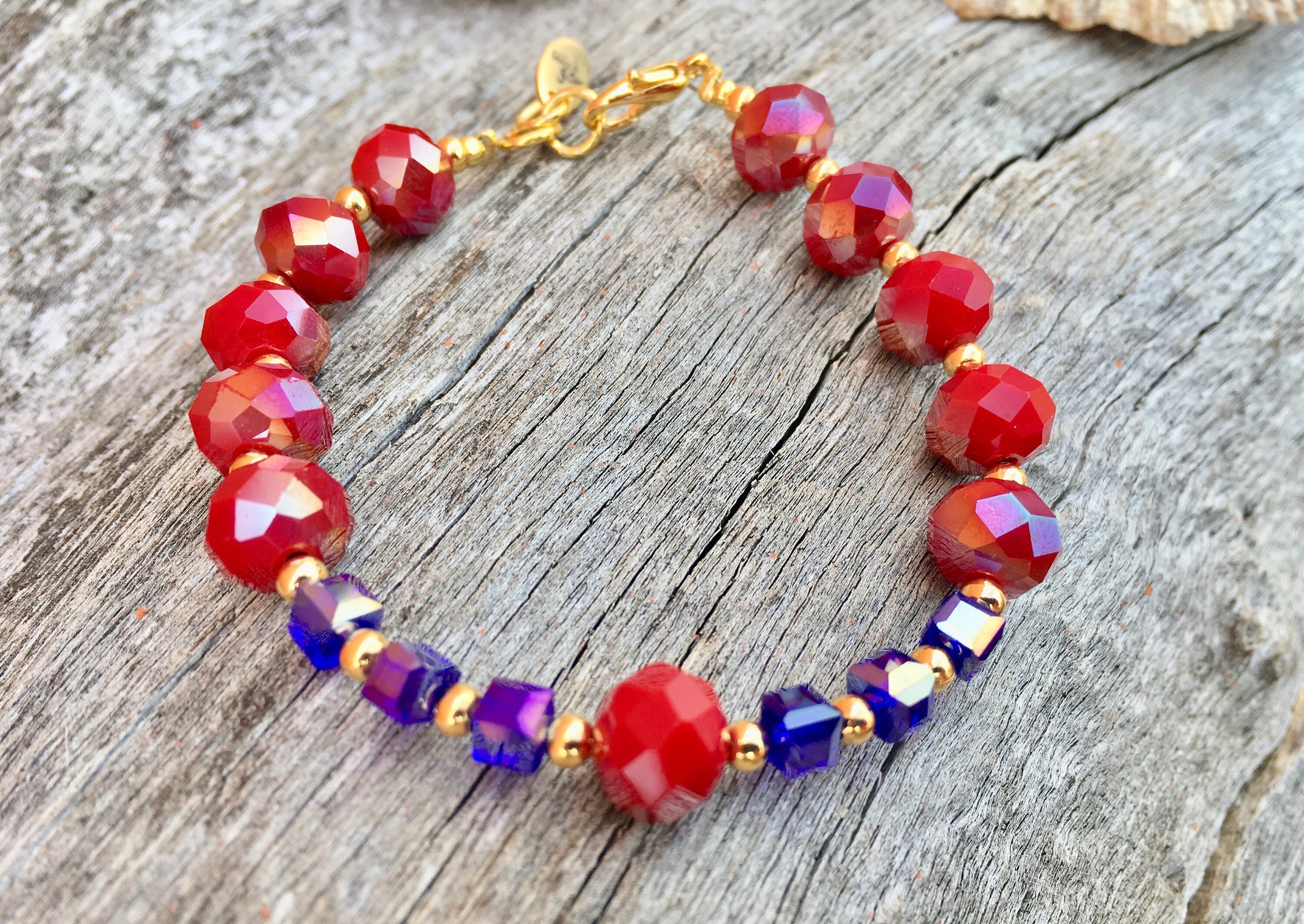 Red Crystal Bracelet, Red and Gold, Glass Beads, Beaded Bracelet, Gift ...