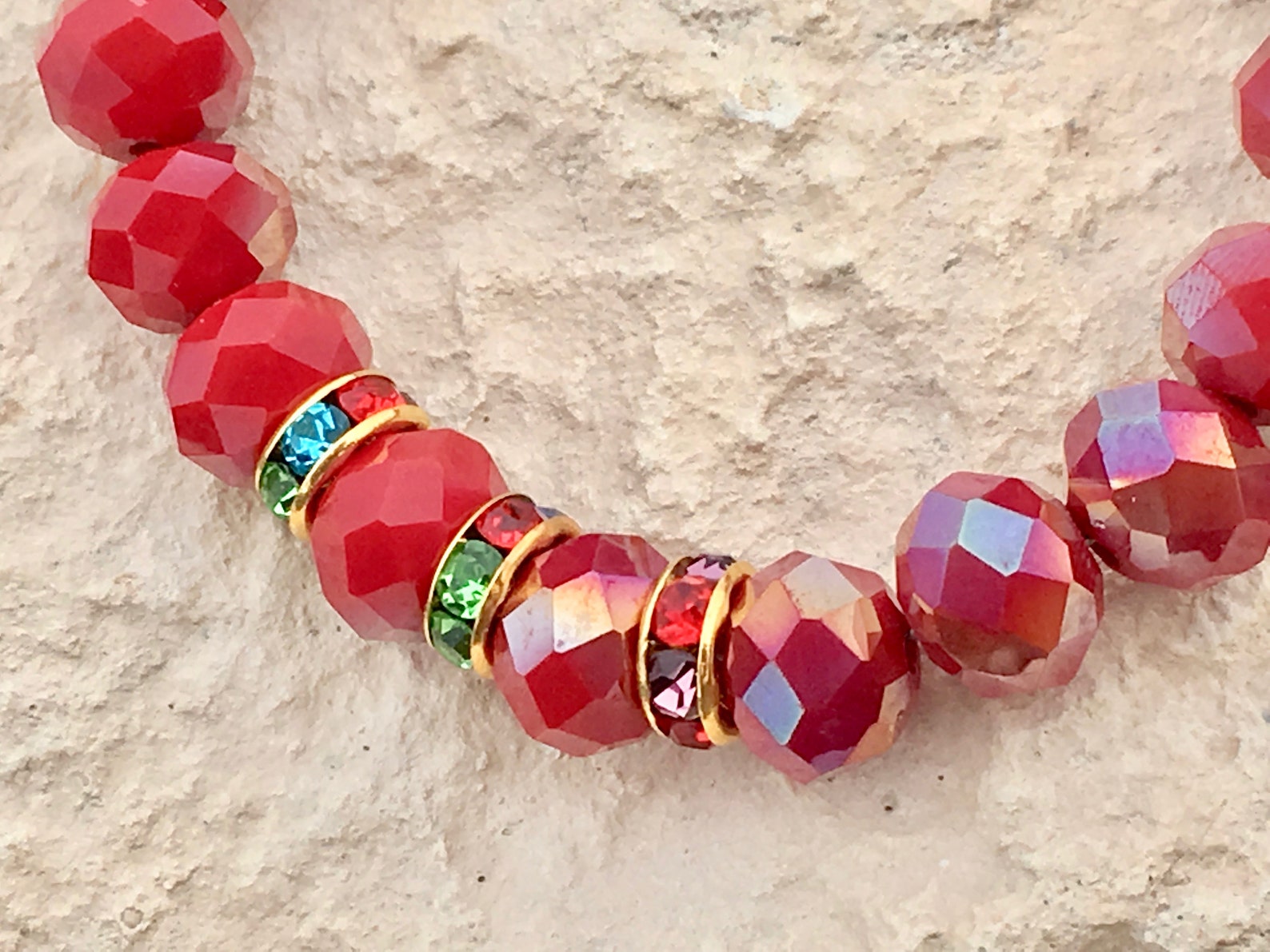 Red crystal bracelet red and gold glass beads beaded | Etsy
