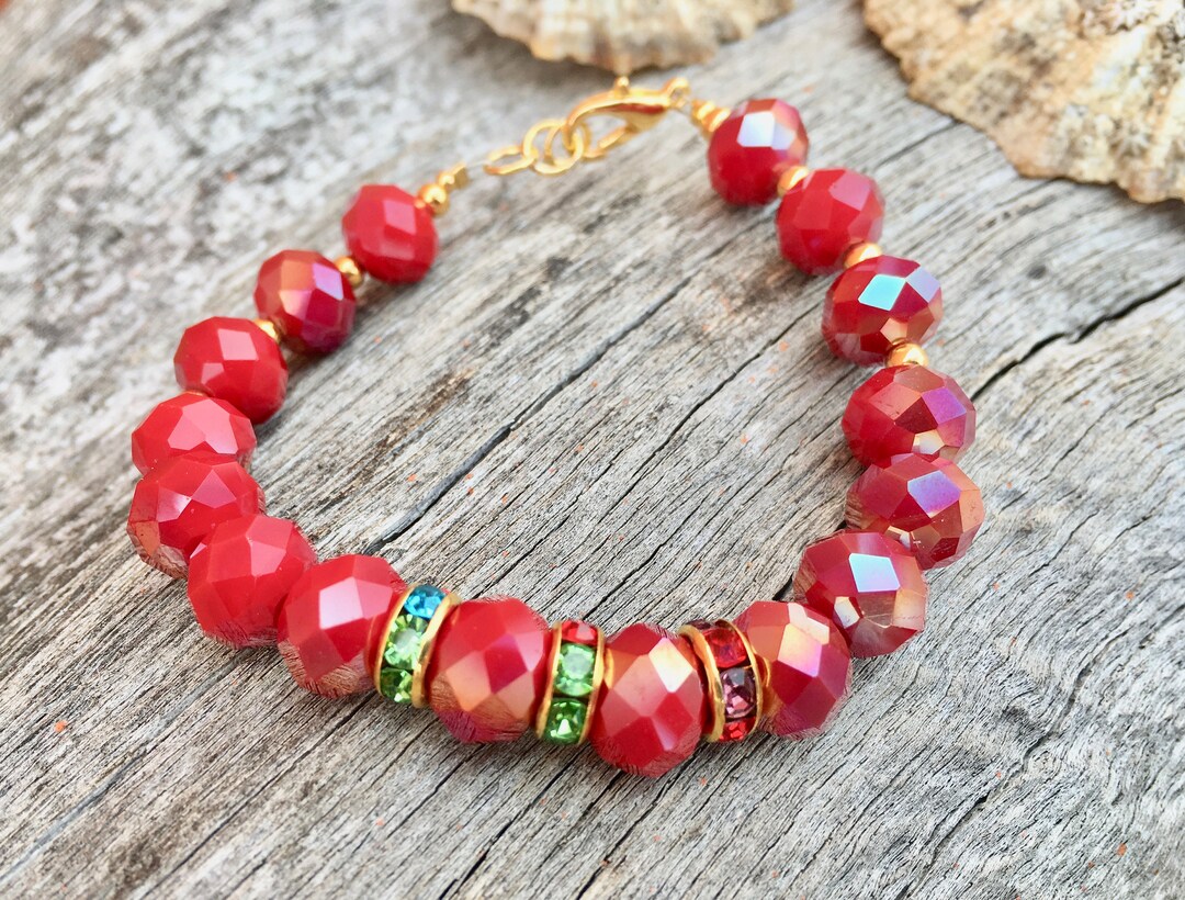 Red Crystal Bracelet, Red and Gold, Glass Beads, Beaded Bracelet, Gift ...