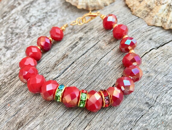 Red crystal bracelet red and gold glass beads beaded | Etsy