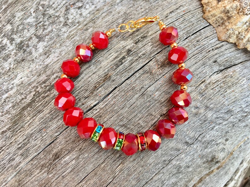 Red Crystal Bracelet, Red and Gold, Glass Beads, Beaded Bracelet, Gift ...