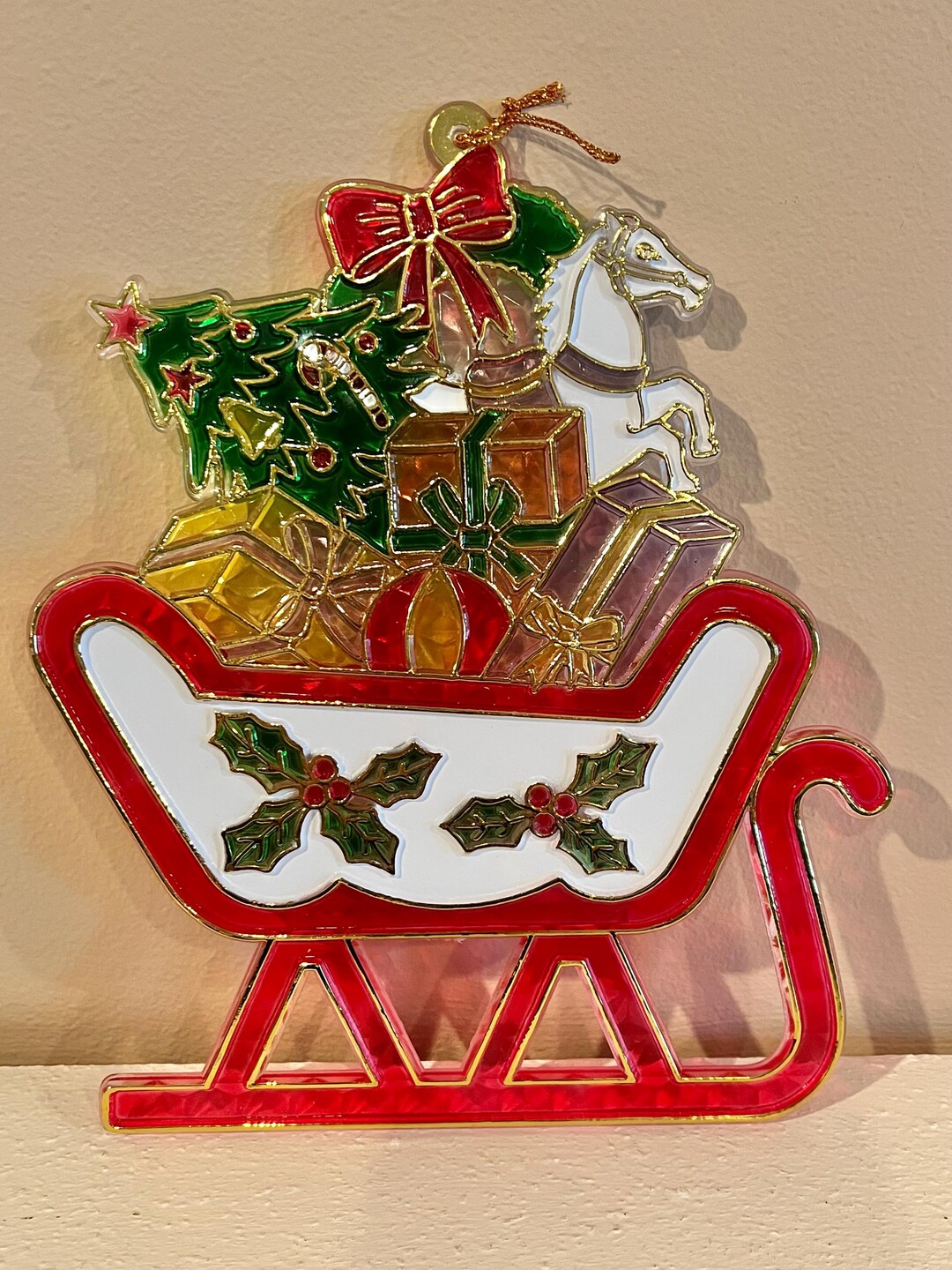 Vintage Plastic Stained Glass Sleigh With Toys Christmas Ornament - Etsy