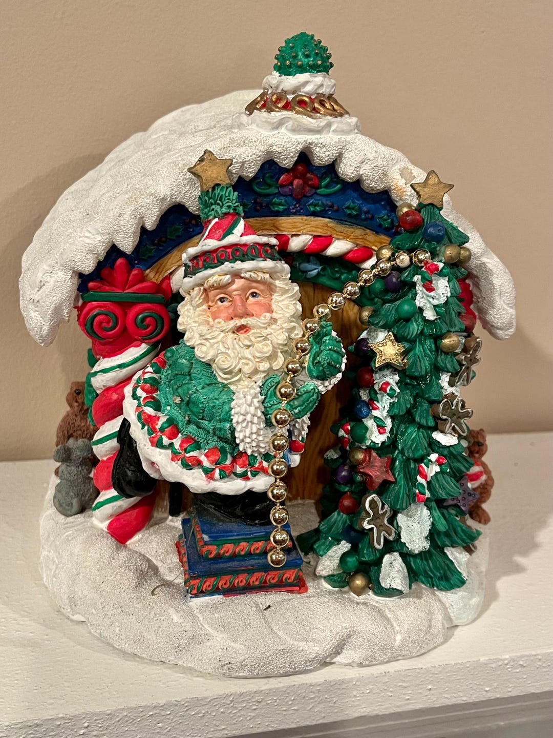 Vintage Resin Santa Decorating Tree in Front of Candy Cane House - Etsy