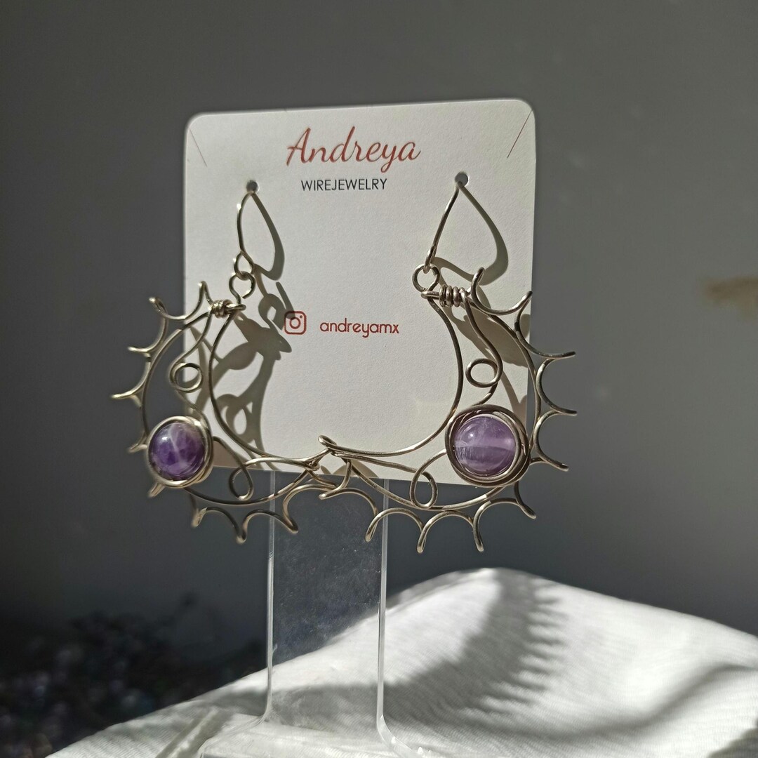 Silvery Gothic Spike Moon Amethyst Wire Earrings/ Grunge Statement ...