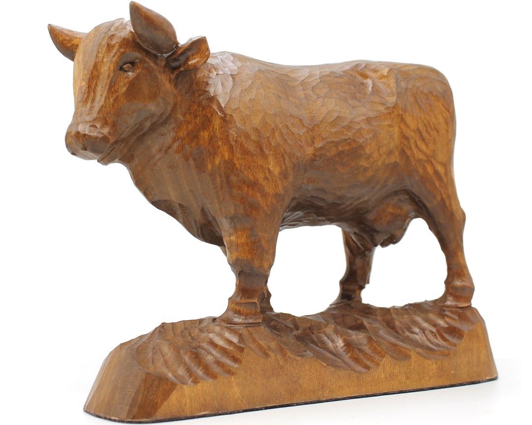 Carved Wooden Cow Figurine 4.7 Country Cow Decor Wood Cow Statue for ...