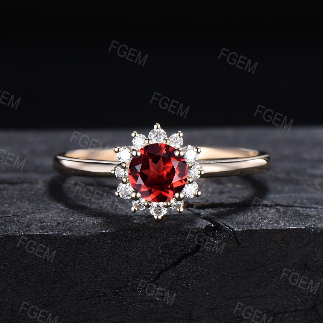 Nature Inspired Floral Ruby Halo Engagement Rings 10K Gold Round Red ...