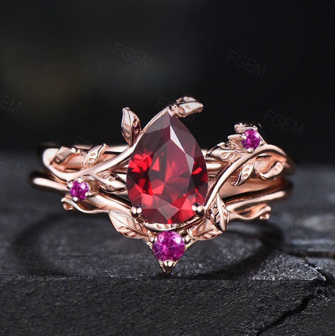 Nature Inspired Twig Leaf Ruby Engagement Ring 1.25ct Pear Ruby Ring ...