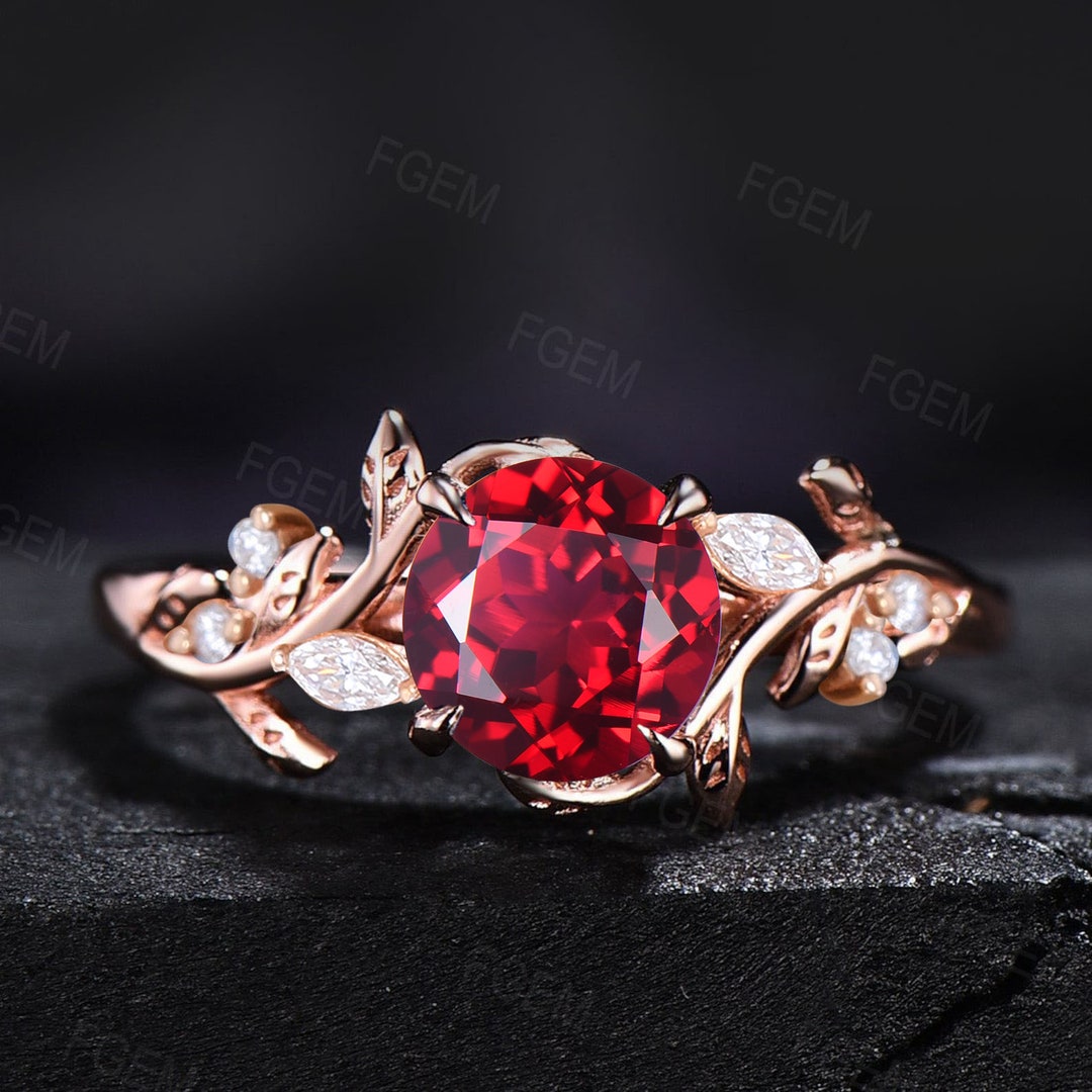 1ct Round Nature Inspired Ruby Engagement Ring Red Gemstone Jewelry ...