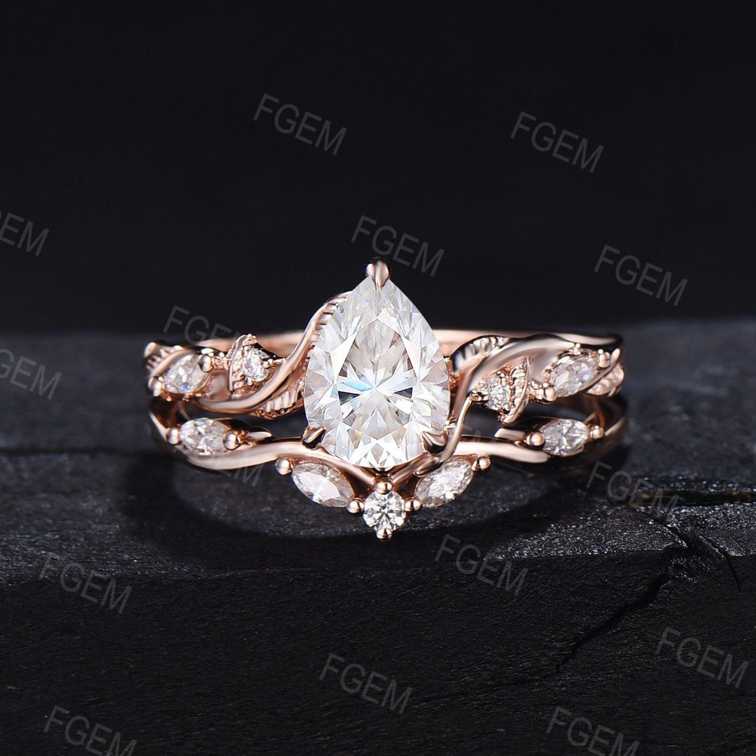 Nature Inspired Moissanite Engagement Ring Set Twist Band 1.25ct Pear ...