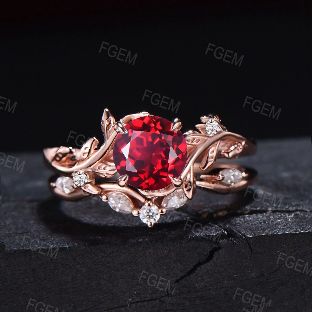 1ct Round Nature Inspired Ruby Gemstone Jewelry Rose Gold Twig Leaf ...