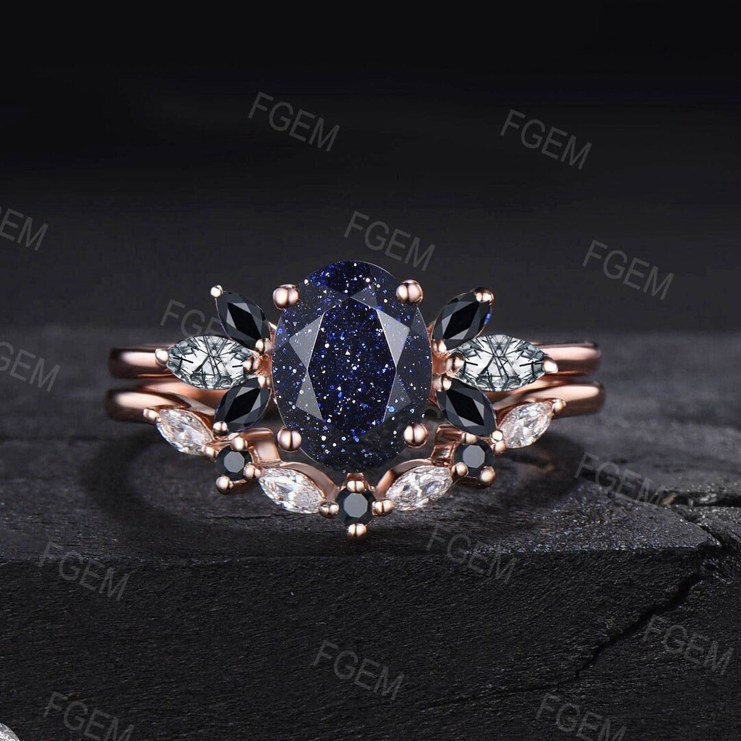 1.5ct Blue Sandstone Cluster Engagement Ring Set Galaxy Starry Sky Ring Black Rutilated Quartz ...