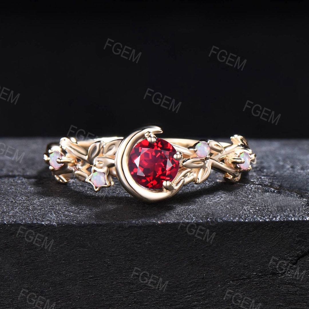 Moon Star Design 5mm Ruby Opal Jewelry 10K Yellow Gold Nature Inspired ...