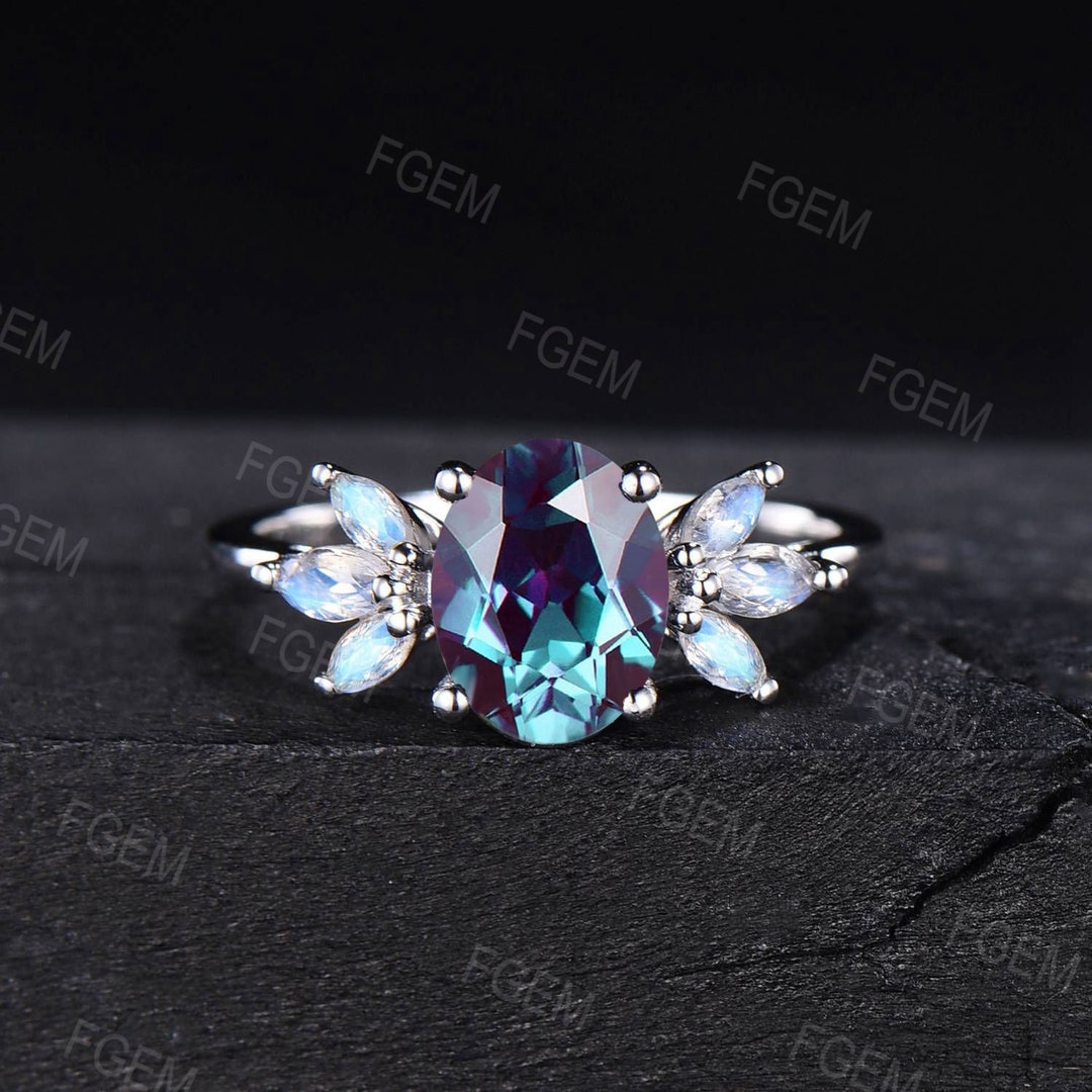 1.5ct Oval Alexandrite Ring White Gold Platinum Marquise Moonstone Ring ...