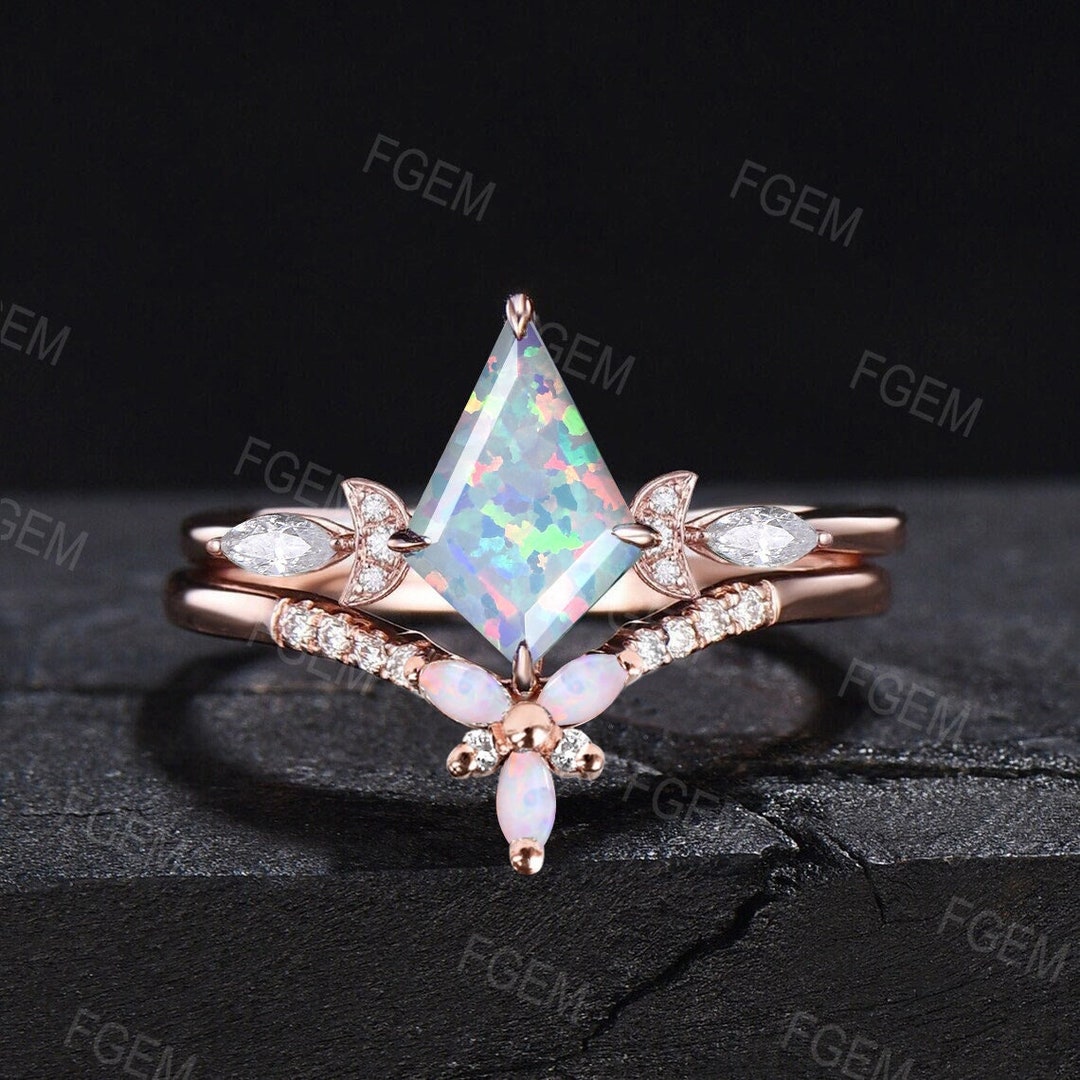 Kite Shaped Opal Moon Engagement Ring Set Rose Gold Fire Opal - Etsy