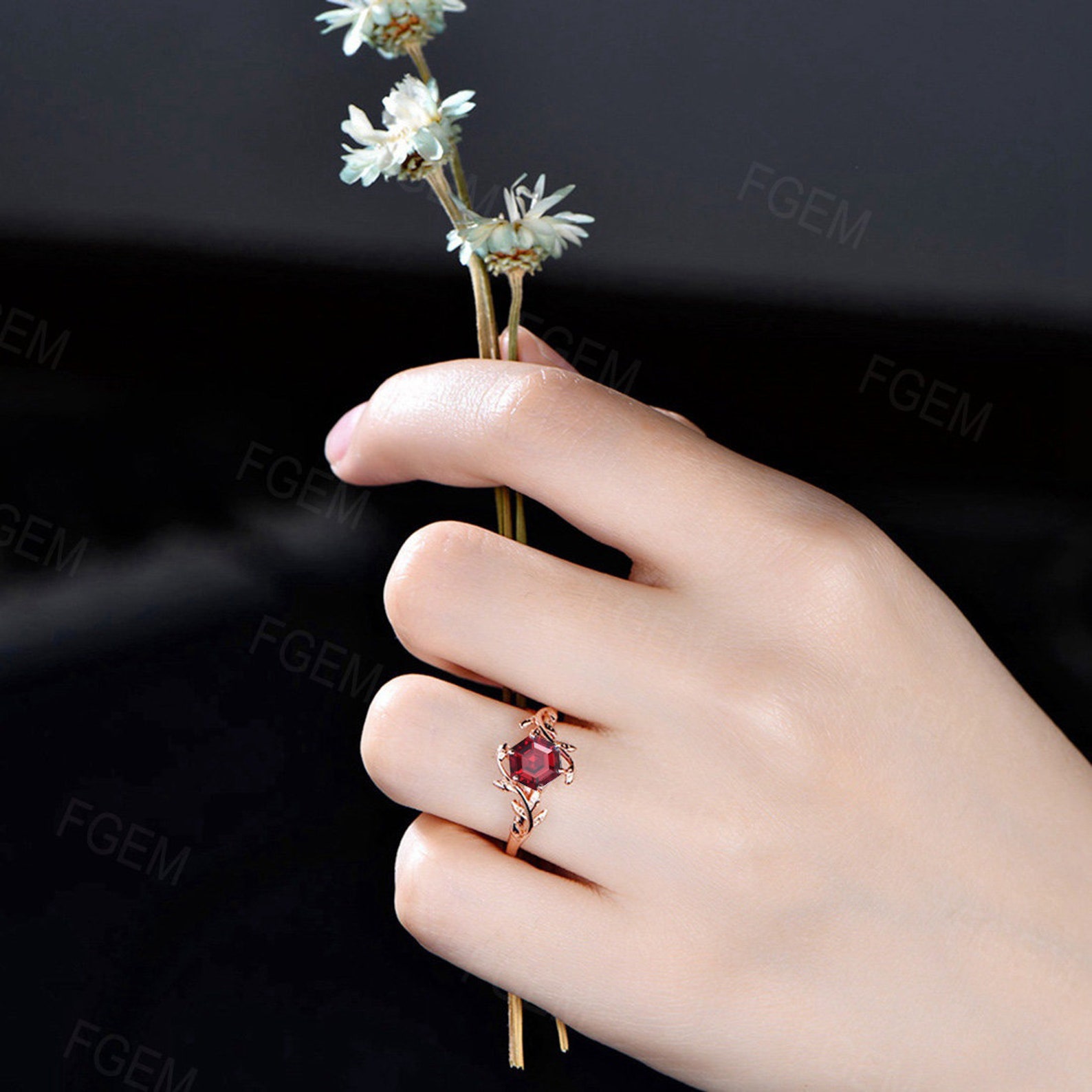 1ct Hexagon Cut Ruby Gemstone Jewelry 10K/14K/18K Rose Gold Twig Leaf ...