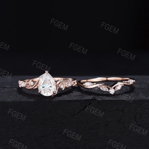 Nature Inspired Moissanite Engagement Ring Set Twist Band 1.25ct Pear ...