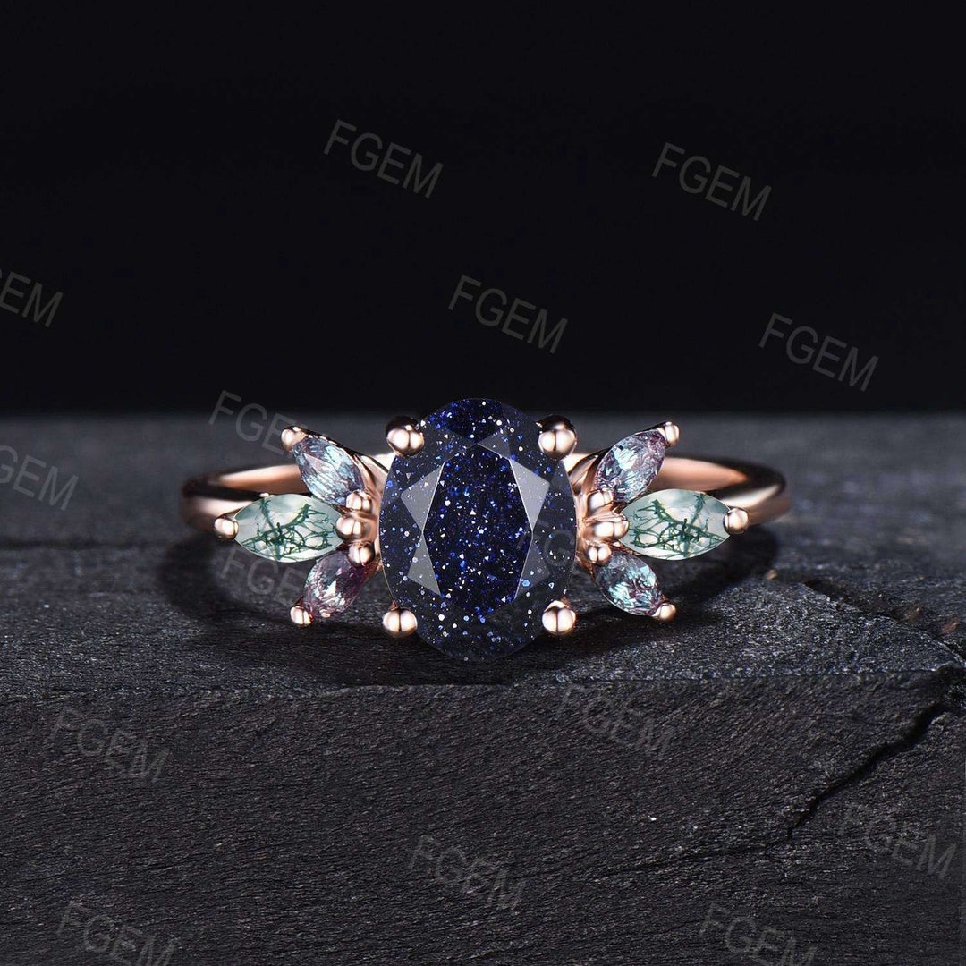 1.5ct Oval Cut Starry Sky Blue Sandstone Ring Moss Agate Cluster ...