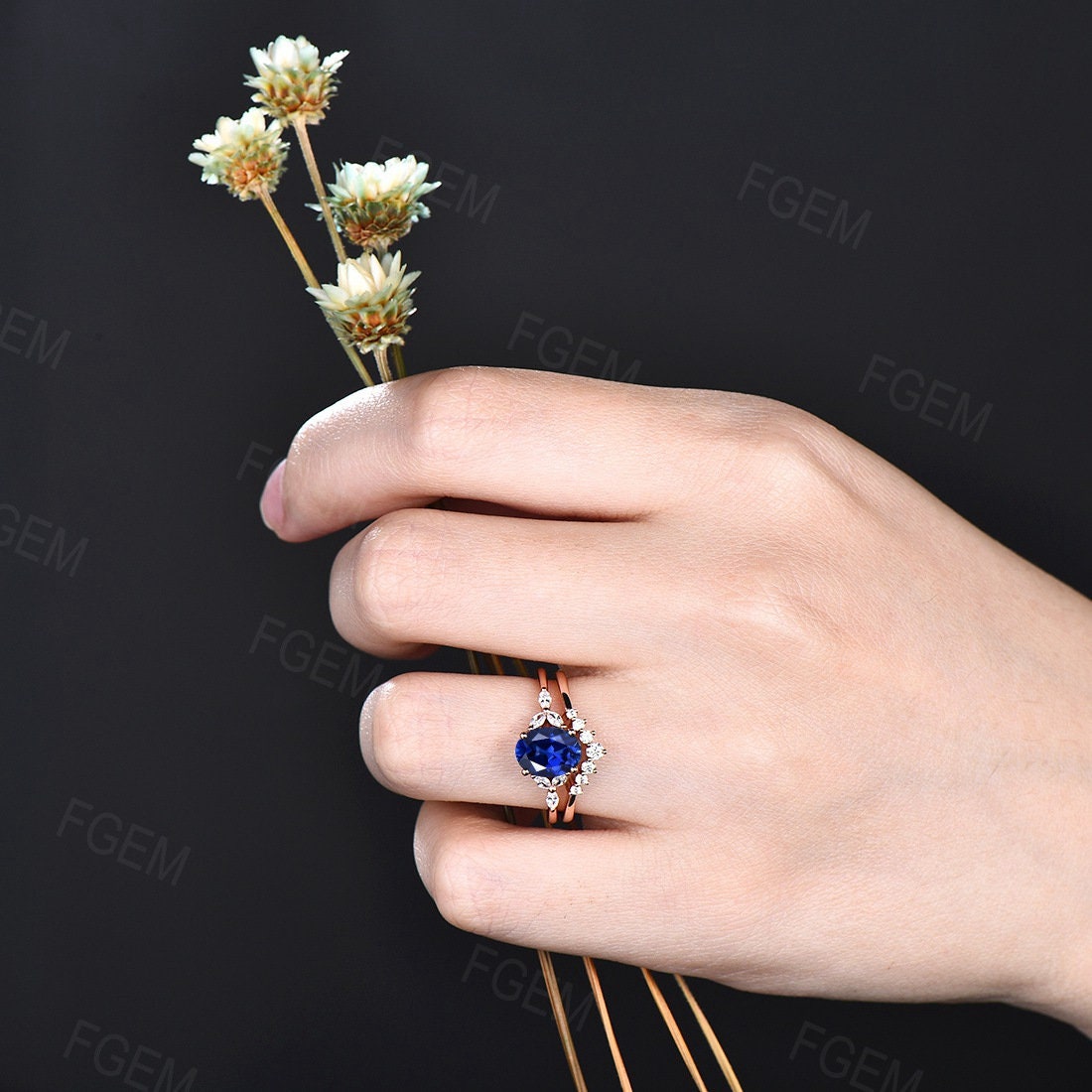 Sterling Silver Blue Sapphire Engagement Ring Set Vintage Oval | Etsy